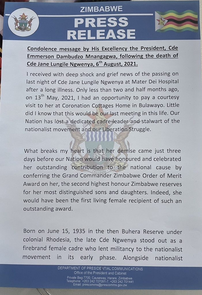 Veteran nationalist Jane Ngwenya dies -Newsday Zimbabwe