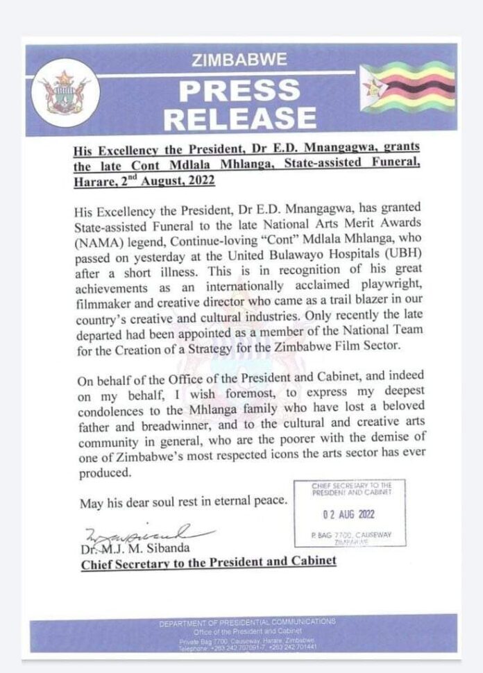 State-assisted funeral for Cont Mhlanga -Newsday Zimbabwe